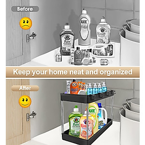 Piashow Under Sink Organizer, 2-Tier Under Sink Storage Organizer, Bath Collection Basket with 4 Hooks, Multi-purpose Bathroom Standing Rack, Storage Shelf for Kitchen (Black)