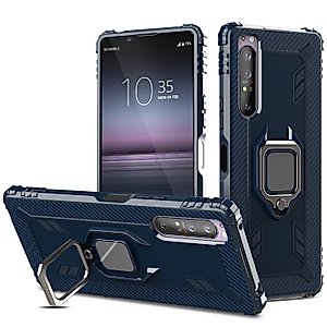 Ranyi Sony Xperia 1 II Case, Carbon Fiber Case with 360 Rotating Ring Holder Kickstand Feature Shock Absorbing Full Body Protection Soft Rubber Silicone Case for Sony Xperia 1 II 6.5" -Blue