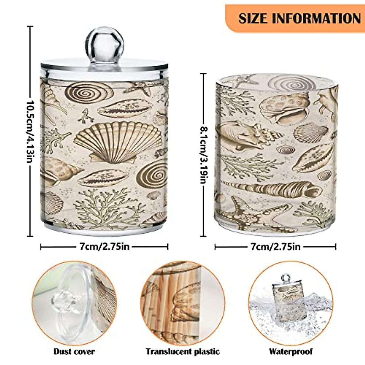 Kigai 2PCS Vintage Seashells Qtip Holder Dispenser with Lids - 14 oz Bathroom Storage Organizer Set, Clear Apothecary Jars Food Storage Containers, for Tea, Coffee, Cotton Ball, Floss