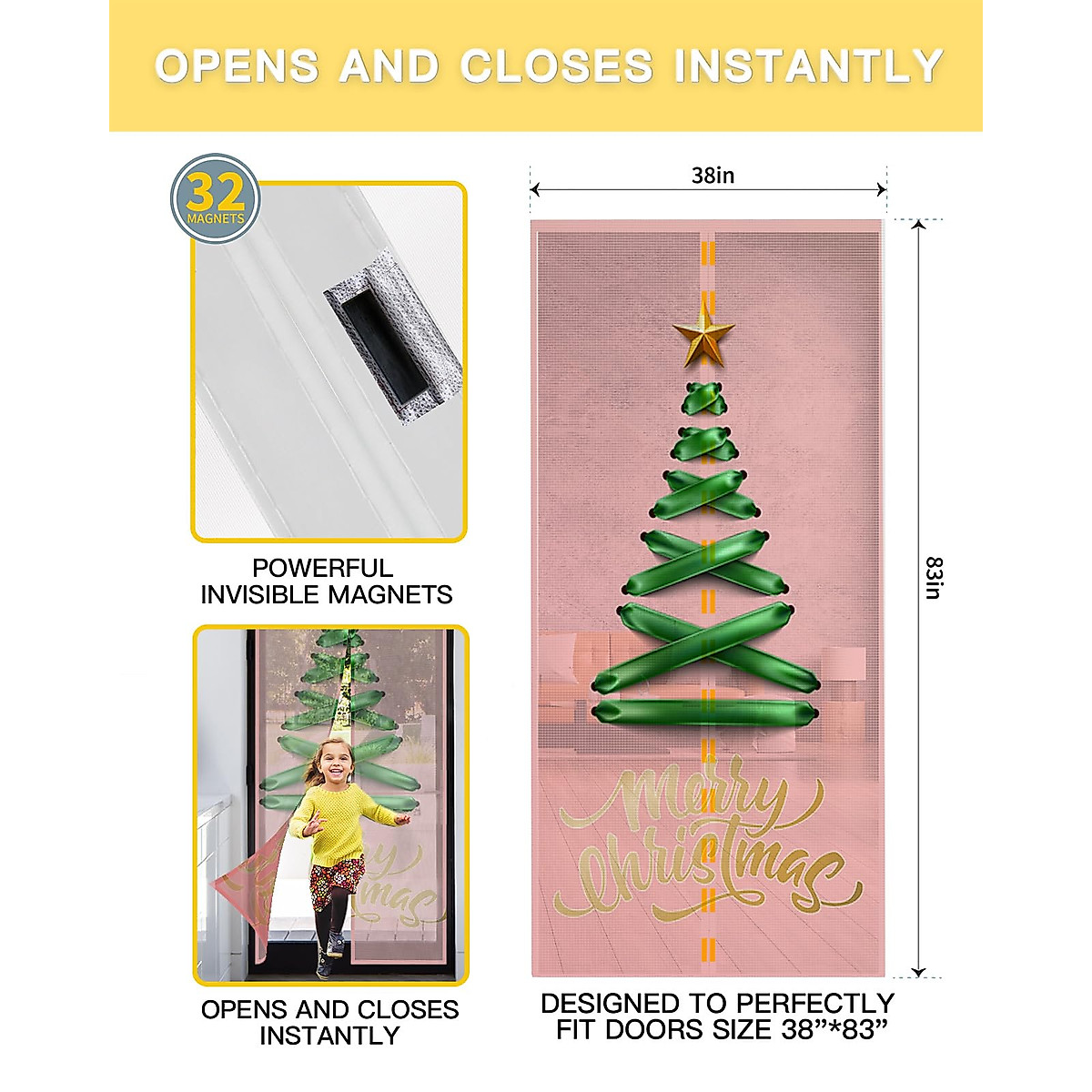 OComster Pink Christmas Tree Magnetic Screen Door, Green Xmas Tree Merry Christmas Hands Free Screen Mesh Size 38" x 83", Reinforce Heavy Duty Mesh Screen Doors for Patio/Front/Sliding Door