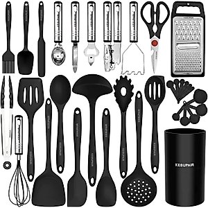Kitchen Utensils Set - 446°F Heat Resistant Silicone Cooking Utensils Set-Kitchen Tools and Gadgets for Cooking Nonstick Cookware (Black)