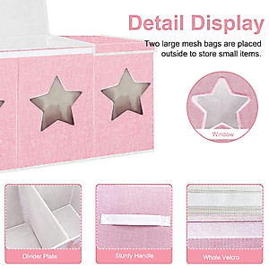 Xmasorme Toy Box for Girls,Extra Large Toy Storage Organizer Bins with Star Transparent Windows,Sturdy Handles and Mesh Bag, Foldable Storage Box for Nursery, Playroom, Bedroom(Pink)