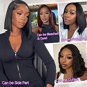 Starmo Bob Wig Human Hair 13x4 HD Lace Front Wigs Lace Frontal Short Straight Bob Wigs with Baby Hair Pre Plucked Glueless Natural Hairline 150% Density Natural Black 12 Inch