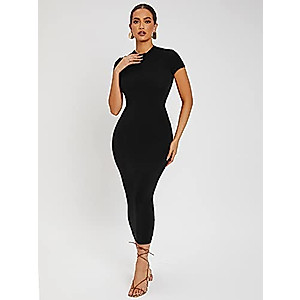 Verdusa Women's Round Neck Cap Sleeve Solid Long Pencil Bodycon Dress Black S