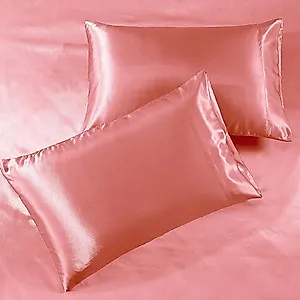 Satin Bed Sheet Set,Extra Soft Deep Pocket Silky Satin Sheet Set with 1 Fitted Sheet +1 Flat Sheet + 2 Pillow Cases(4-Piece Sakura Pink, Twin)