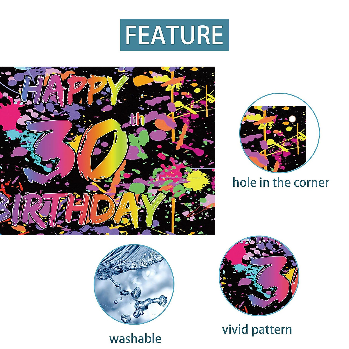 Neno Glow in The Dark 30th Birthday Decorations Backdrop Banner for Girls Boys, Paint Splatter Graffiti Party Sign Supplies, Light Sleppover Party Photo Booth Props for Outdoor Indoor (5 * 3 ft)