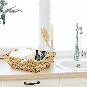 Graciadeco Hand Woven Water Hyacinth Baskets with Wooden Handles Large Natural Shallow Wicker Storage Basket for Organizing Irregular Rectangle, 2 Pack