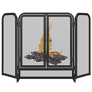 Mr IRONSTONE 3 Panel Fireplace Screen 51.5" W x 32.5" H Modern Foldable with Wrought Metal Decorative Mesh, Heavy Duty Fire Spark Guard Cover for Home Decor Indoor, Black