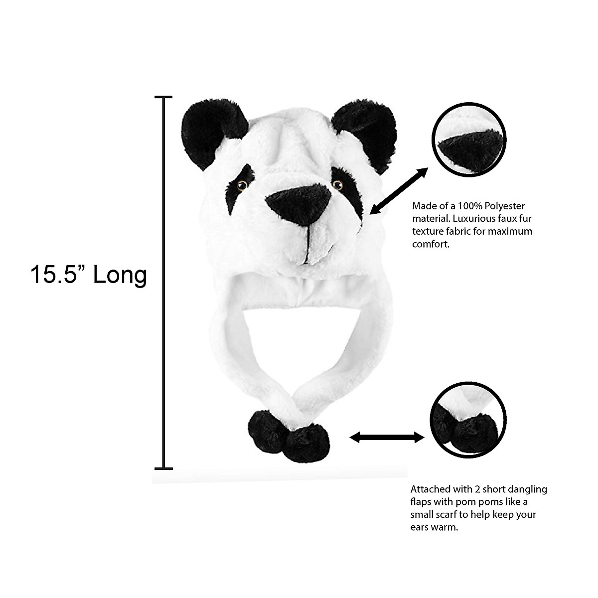 Panda Bear Plush Animal Winter Ski Hat Beanie Aviator Style Winter (Short) White