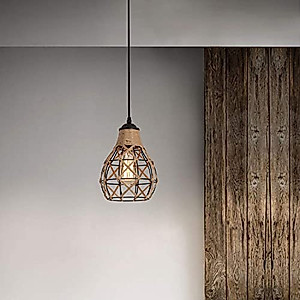 Rustic Industrial Woven Pendant Light, One-Light Adjustable Metal Hemp Rope Mini Pendant Lighting Fixture for Kitchen Island Cafe Bar Farmhouse, Black