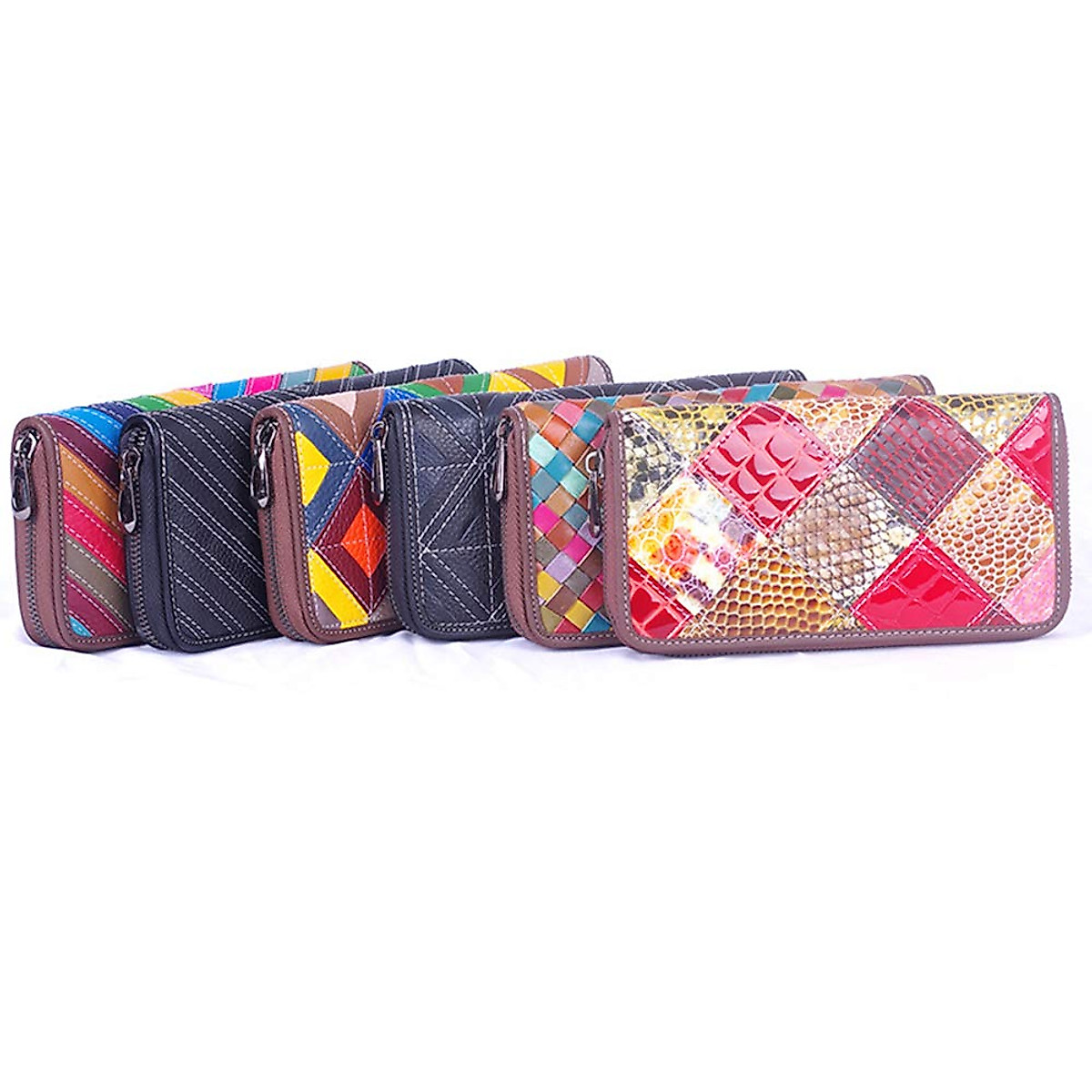 Segater® Women Multicolor Wallets Genuine Leather Colorful Splice Bag Card Holder Organizer Purses Zip Around Phone Clutch Large Long Purse