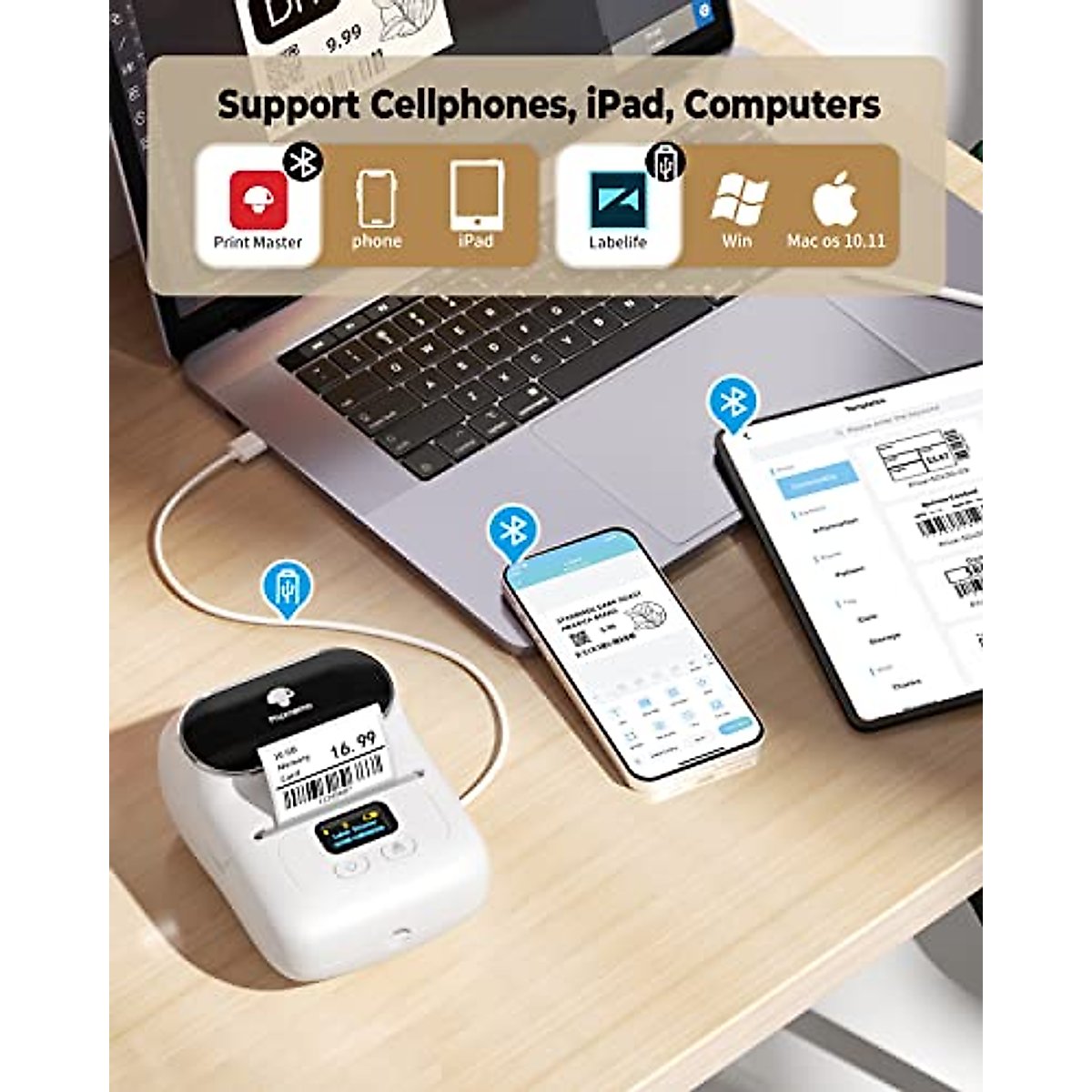 Phomemo M110 Label Printer - Bluetooth Portable Label Maker No Ink, Mini Barcode Label Printer for Retail, Address, Barcode, Home, for PC/Mac, iOS/Android with 3pack Most Used Labels, Snow White