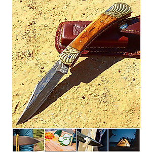 Theboneedge 8" Damascus Blade Open Folding Pocket Knife Wood Gold Trim Hand Made With Sheath Outdoor Survival Hunting Knife for Camping by Survival Steel