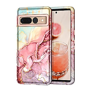Btscase Case, Marble Pattern 3 in 1 Heavy Duty Shockproof Full Body Rugged Hard PC+Soft Silicone Drop Protective Women Girl Covers for Google Pixel 7 Pro (2022), Rose Gold