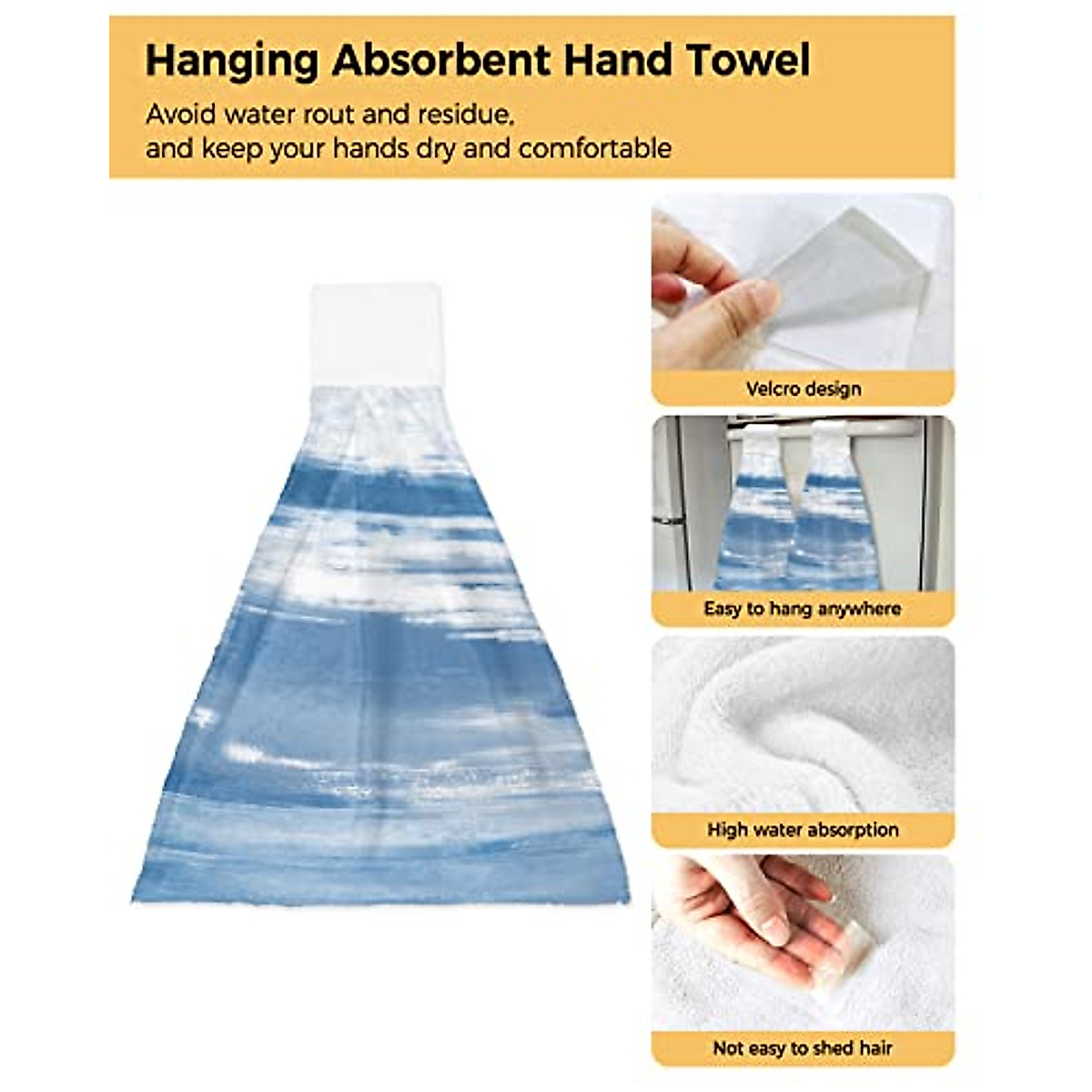 Kitchen Towels with Hanging Loop & Hook Abstract Blue and Gray Texture Soft Absorbent Dish Cloth Bath Hand Tie Towels for Hotel Home Set of 1