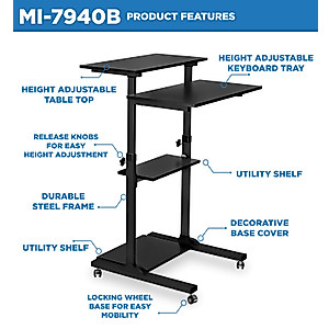 Mount-It! Mobile Standing Desk/Height Adjustable Stand Up Computer Work Station | Rolling Presentation Cart with 27.5 Inch Wide Platform, Locking Wheels