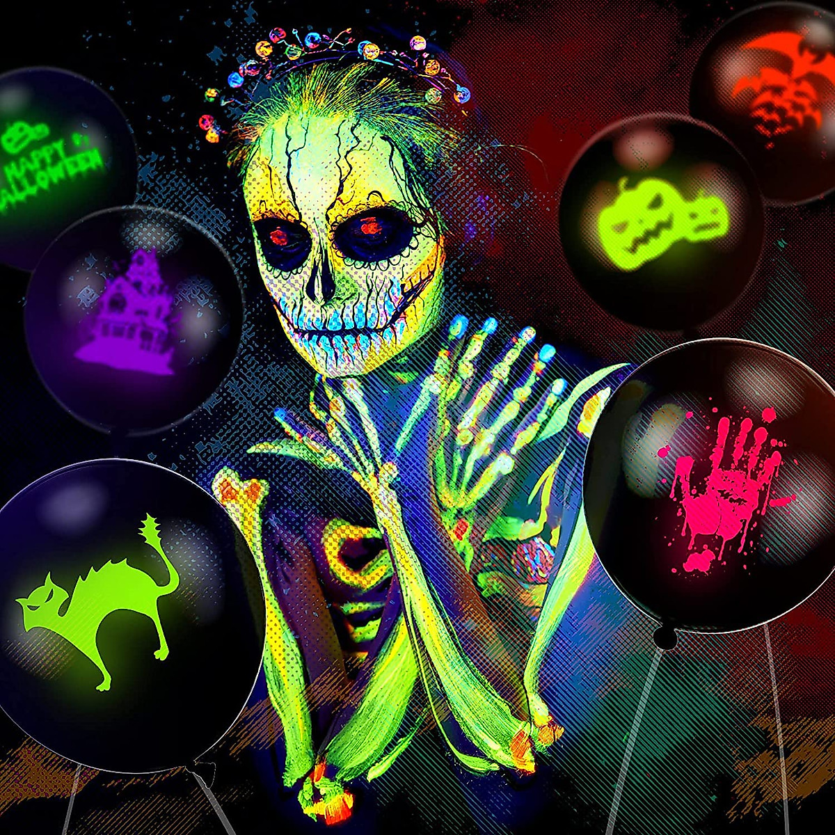 60 Pieces Halloween Neon Glow Balloons, Glow in The Dark Blacklight UV Balloons for Halloween Party Decoration Supplies, 12 Inch