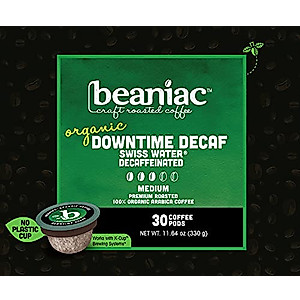 beaniac Organic Downtime Decaf Swiss Water Decaffeinated, Medium Roast, Single Serve Compostable K Cup Coffee Pods, Organic Arabica Coffee, Keurig Brewer Compatible, 30 Count