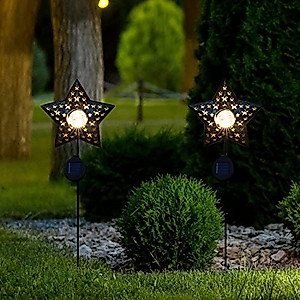 Solar Lights Garden Outdoor Large Star Solar Light Crackle Glass Globe Metal Decoration Solar Stakes Lights IP65 Waterproof Led Llight for Pathway, Yard, Patio, Lawn, Driveway, Landscape (1 Pack)