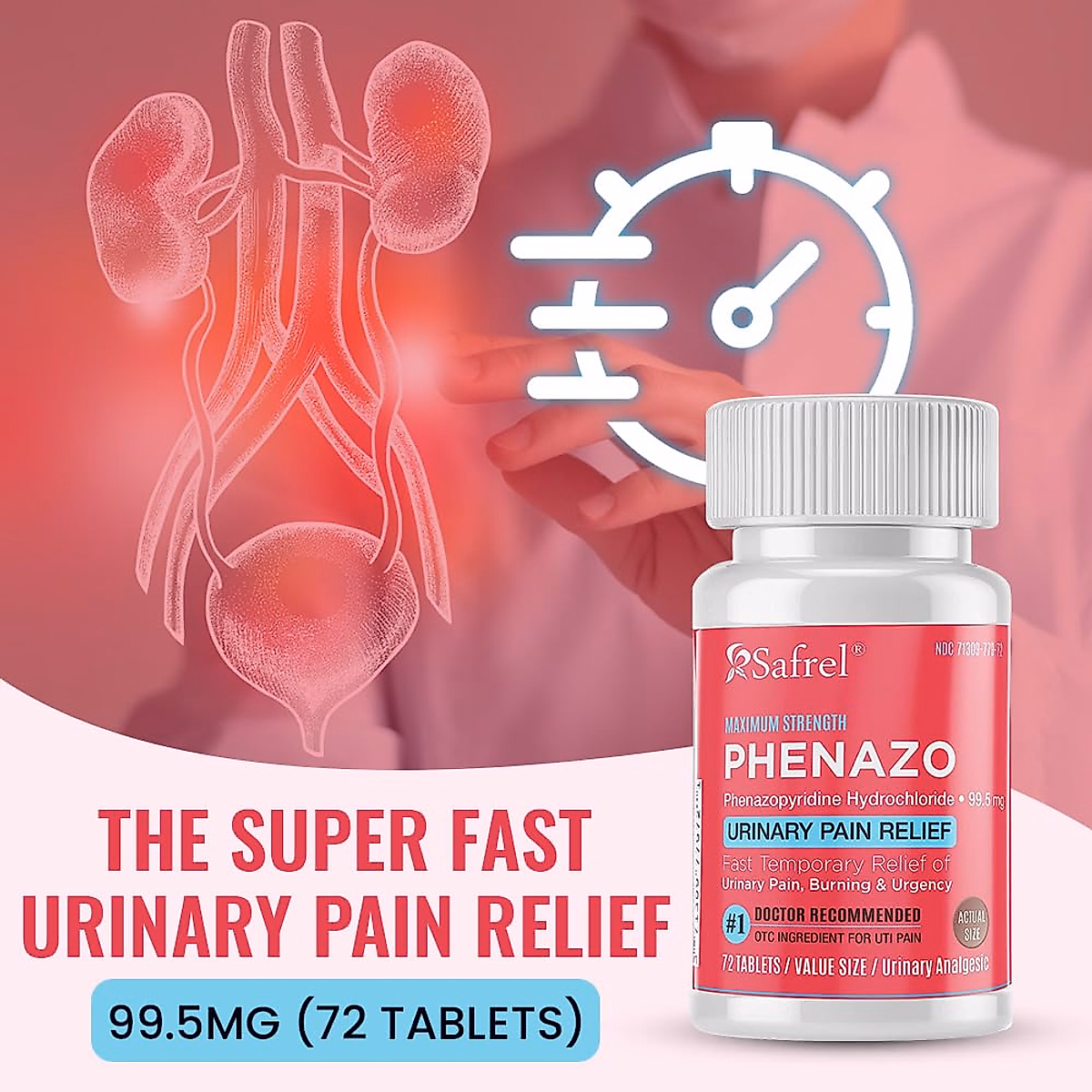 Safrel Urinary Relief - 72 Tablets, 99.5mg Phenazopyridine HCl - Fast-Acting UTI Relief for Bladder Discomfort & Pain - Adults & Children-1-Pack