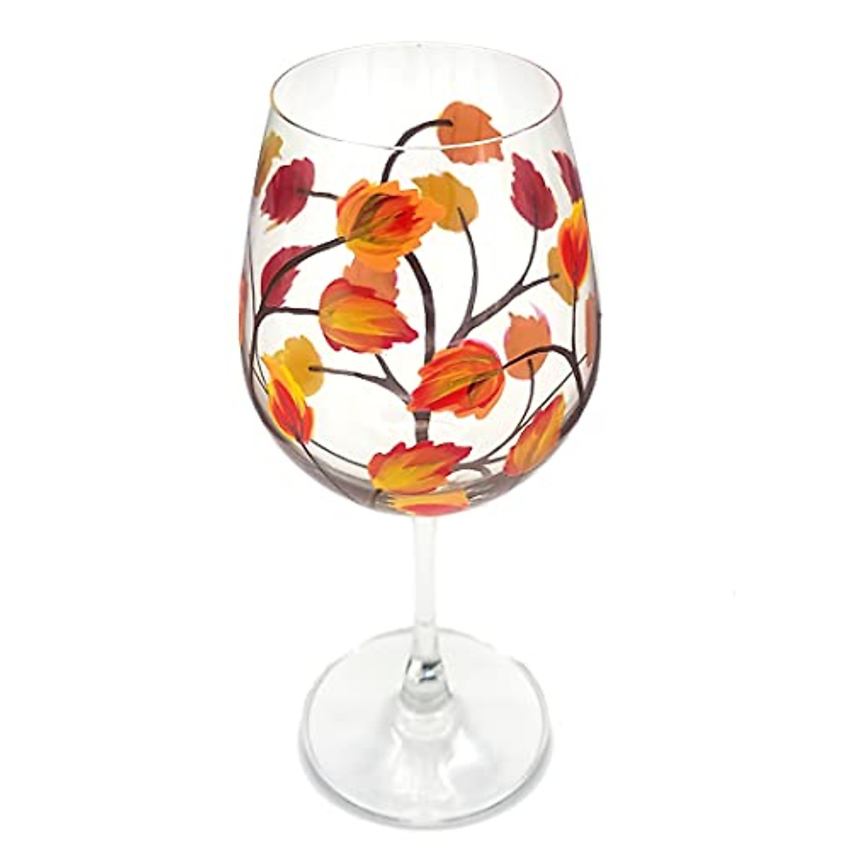 Autumn Leaves Wine Glass - Fall Colors - Leaf, Red, Yellow, Orange - Hand Painted - Thanksgiving Wine Glass