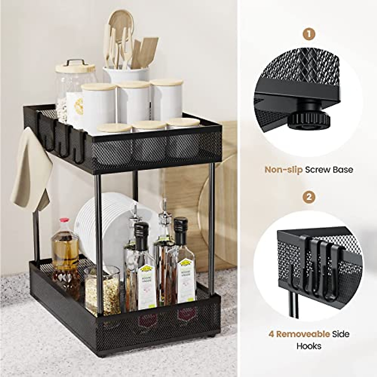 Under Sink Organizers and Storage, Bathroom Cabinet Organizer and Storage, 2 Tier Under Cabinet Organizers and Storage with 4 Hooks, Metal Kitchen Sink Storage Organizer with Non-slip Feet-2 Pack
