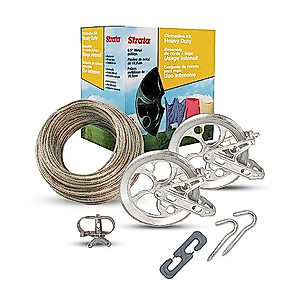 Strata Clothesline Outdoor Heavy Duty Kit - 150 Feet Galvanized Wire Gold PVC Coating, 6.5" Clothesline Pulley 2pcs, Metal Mini Winch Tightener 1pc, Plastic Spreader/Spacer 1pc & 2 Metal Hooks