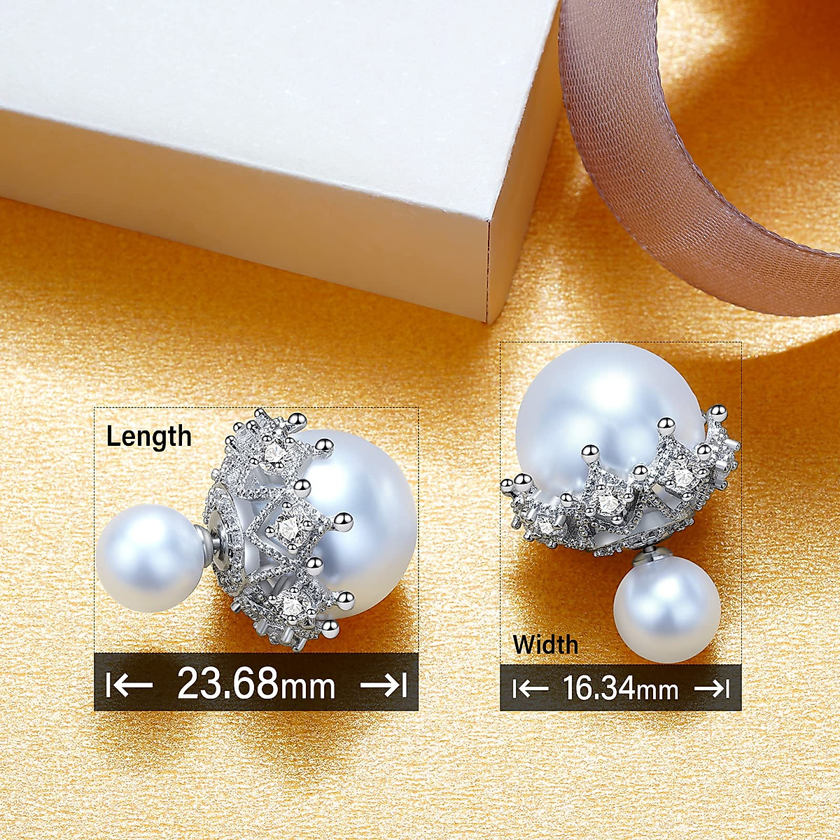 RIMGORIS Double-Sided White Pearl Hollow Zircon White Gold Plated Silver Stud Earrings for Women