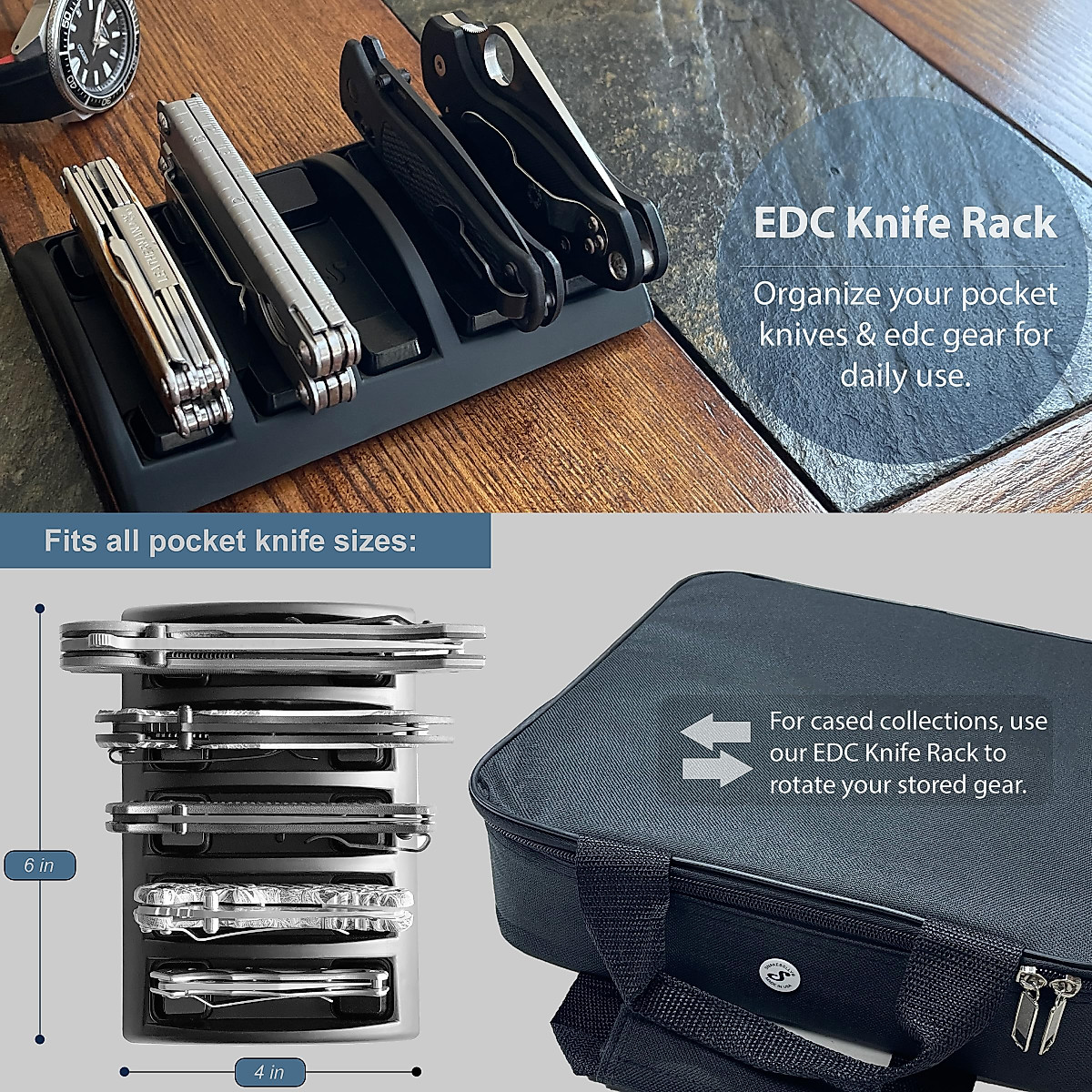 SnakeBelly EDC Knife Rack - EDC Gear Organizer Tray - Holder for Knives & Accessories (Black)