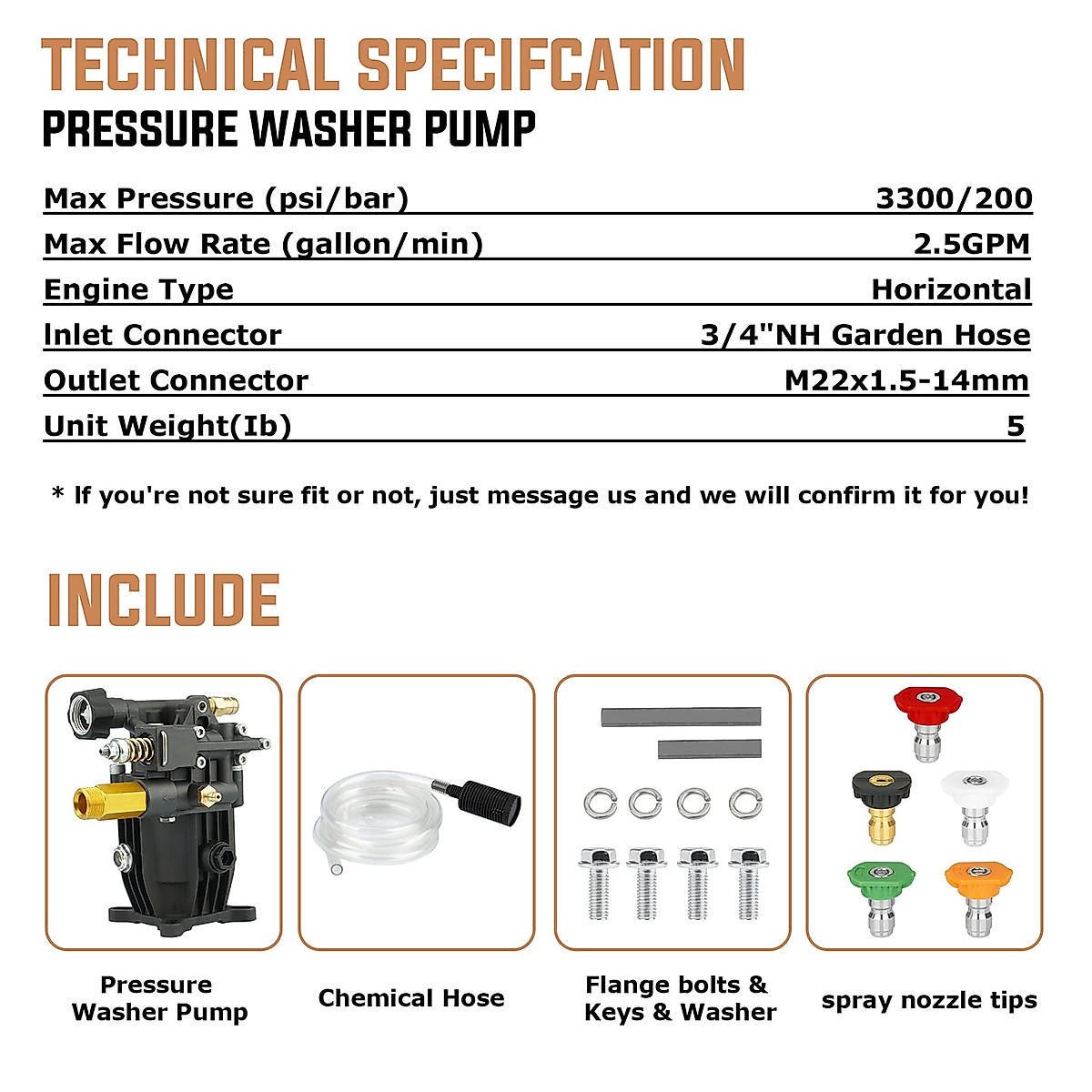 3/4'' Shaft Horizontal Pressure Washer Pump Max 3300 PSI @ 2.5 GPM & Power Washer Pump, Replacement Pump for Troy-Bilt, Karcher, Generac, Simpson, Honda, PowerStroke, Etc.