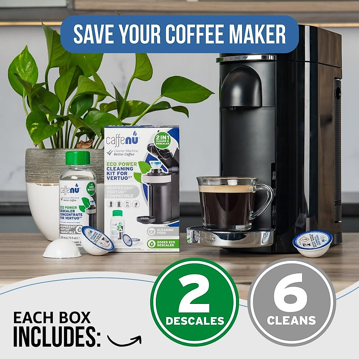 Nespresso Compatible Descaling Kit. 2 Uses Nespresso Vertuo Descaling Solution and 6 Cleaner Pods. Removes Limescale & Cleans Pod Area. Better Tasting & Hotter Coffee. 4 Months Supply.