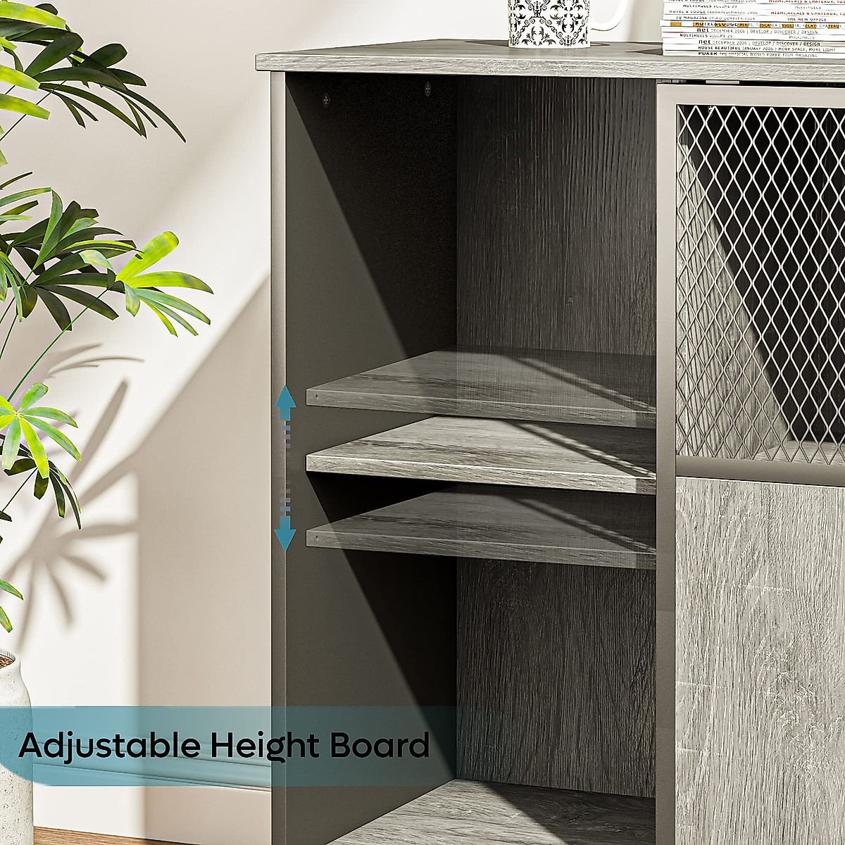 Bestier Industrial Bar Cabinet for Liquor and Glasses with Sliding Metal Mesh Door Kitchen Accent Sideboard Buffet Wine Rack with Adjustable Shelf Home Bar Furniture Gray