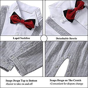 Kgurtagh Baby Boy Suit Outfit, Long Sleeve One-Piece Romper & Vest & Beret & Bow Tie, Infant Boys Gentleman Outfits for Formal Wear, Baby Boy Dressy Clothes (4pc, 0-24 Months),Grey,6-12M