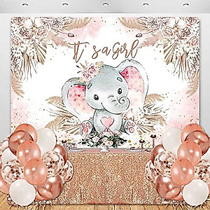 Sensfun Boho Elephant Baby Shower Backdrop for Girl Blush Pink Pampas Grass It's a Girl Elephant Little Peanut Baby Shower Decorations Photography Background Cake Table Photoshoot Props 7x5ft