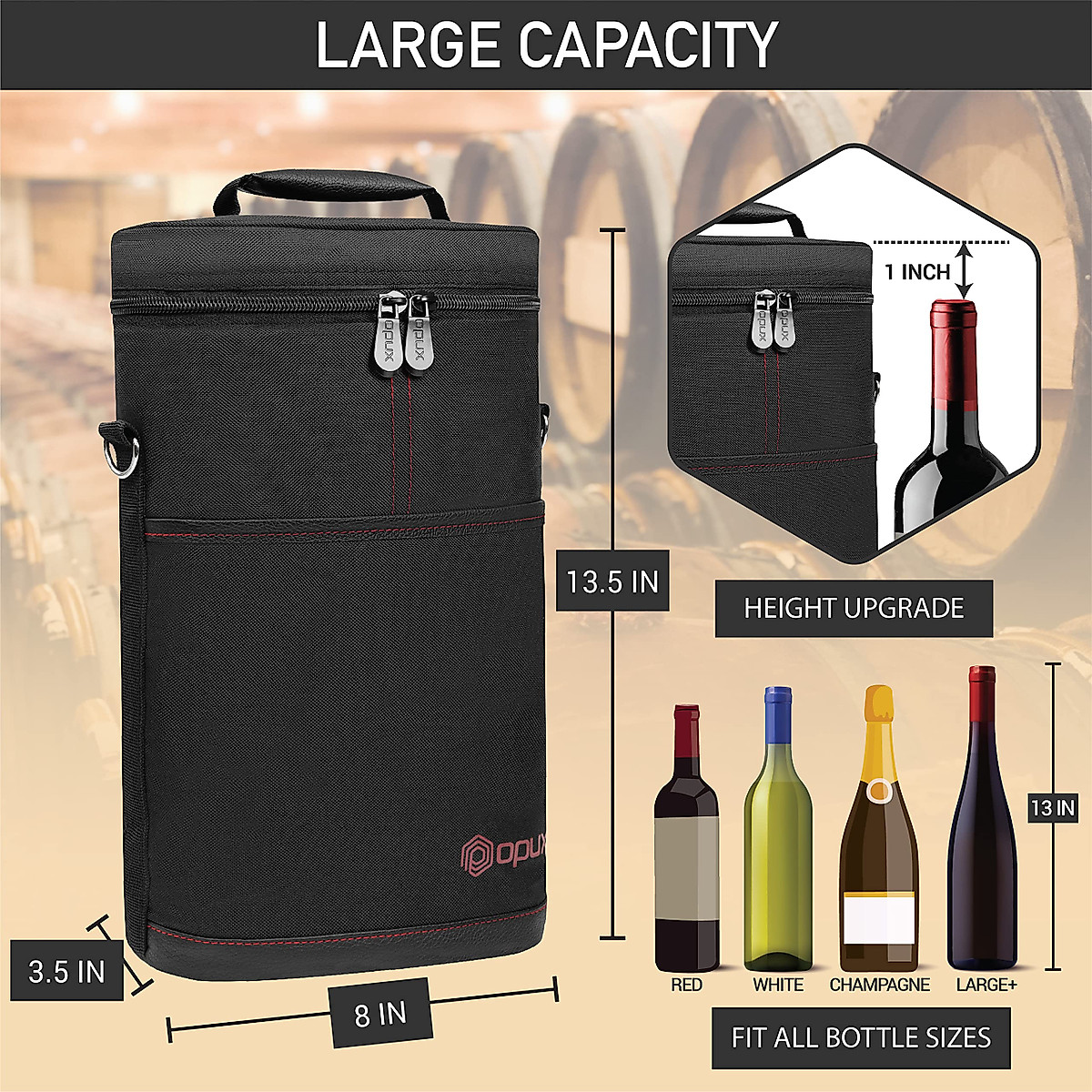 OPUX 2 Bottle Wine Carrier Tote, Insulated Leakproof Wine Cooler Bag, Wine Travel Bag Tote for Picnic BYOB Beach, Portable Wine Bottle Carrying Case, Gift for Wine Lover Women Men Christmas, Black