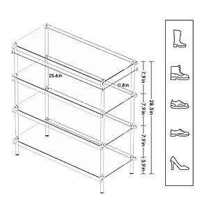 Aquiver 4-Tier Acrylic Shoe Rack - Shoe Rack Organizer - Modern Shoe Storage Shelf, Holds 12-16 Pairs of Shoes for Entryway, Closet - 25.6'' L x 11.8'' W x 28.3'' H, Clear, Easy Assembly & Clean