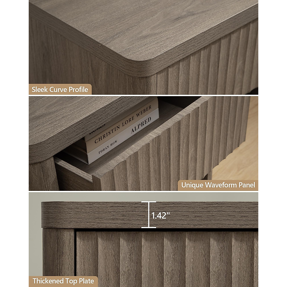 SICOTAS Night Stand Set of 2 Nightstands with Drawer Storage Bed Side Table End Table Large Modern Wood Wide Bedside Stand Mid Century Night Stands for Bedroom Living Room Sofa Couch Office (Grey)