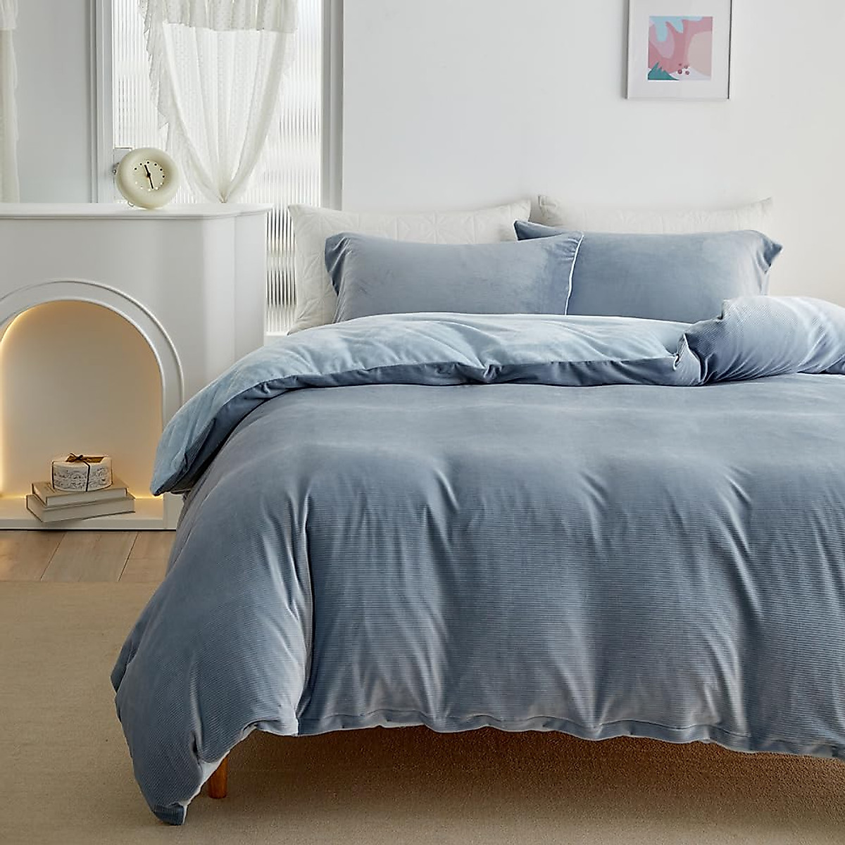 ARYURBU Flannel Queen Size Comforter Set, 3 Pieces Ultra-Soft Fuzzy Warm Luxury Grey Beding Set for Winter with 2 Pillow Cases