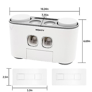 Toothbrush Holder Wall Mounted, WEKITY Multi-Functional Toothbrush and Toothpaste Dispenser for Bathroom, with 5 Toothbrush Slots, 2 Toothpaste Squeezers and 4 Cups(Grey)