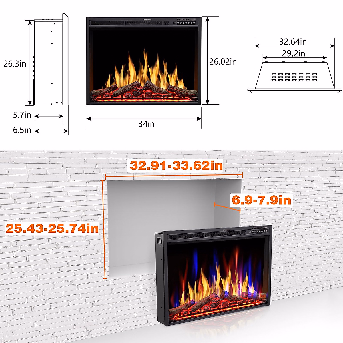 Joy Pebble 34 Inch Electric Fireplace Insert,750W/1500W Recessed Electric Fireplace Heater,Adjustable 5 Flame Color & 5 Burning logs Color,Electric Fireplace with Remote Control&Overheat Protection