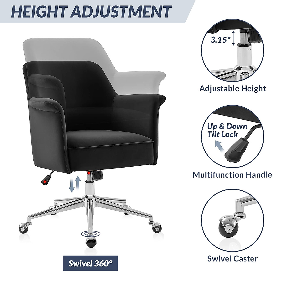 BELLEZE Modern Home Office Chair, 360 Degree Swivel Desk Chair Velvet Office Chair with Metal Base, Rolling Chair Adjustable Chair with Arms and Wheels for Bedroom, Study, Vanity - Peyton (Black)