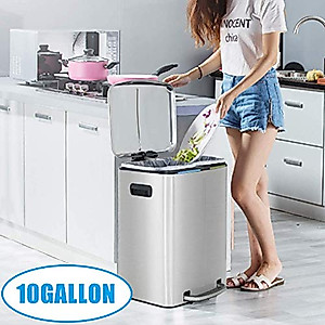 Dual Trash Can for Recycling and Trash 10 Gallon Step Garbage Cans with Lid & Double Barrel for Kitchen Bedroom Bathroom Office Fingerprint-Proof Brushed Stainless Steel Rubbish Bin 40Liter