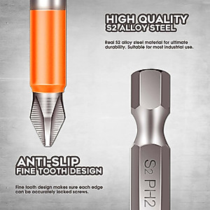 OnYolk 10-Piece Phillips Magnetic Screwdriver Bit Set, S2 Alloy Steel Anti-Slip Long Drill Bits, 1/4 Hex Shank, Fine Tooth Design, Strong Magnetism, Size 1"- 5", PH2