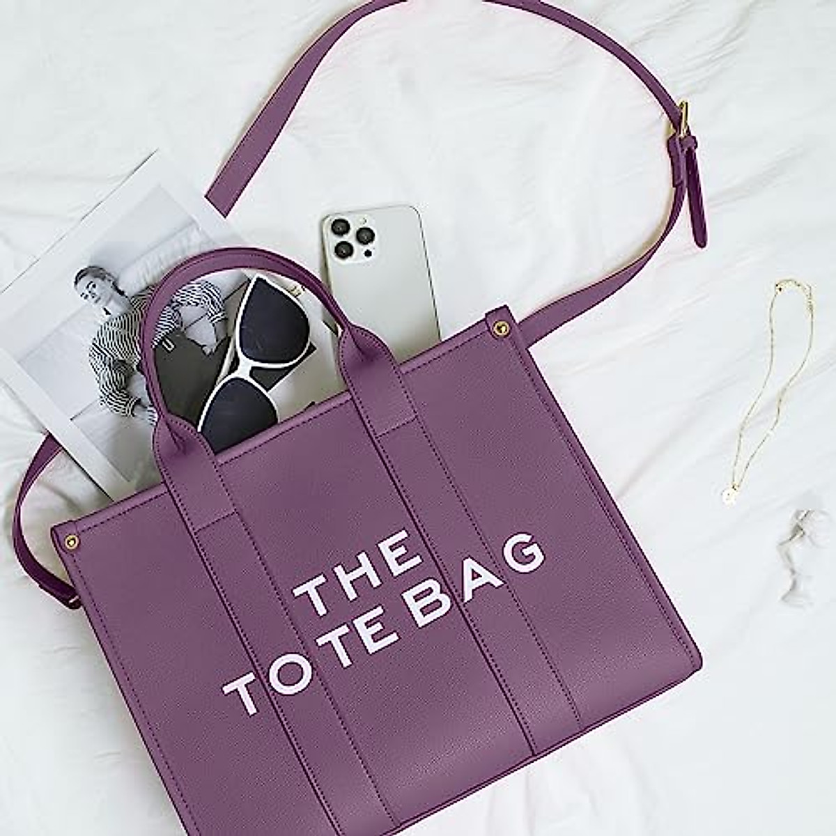 NPBAG The Tote Bag for Women, PU Leather Handbag with Zipper, Crossbody Shoulder Bag for Travel, Work, Top-Handle Trendy Purse (M Purple)