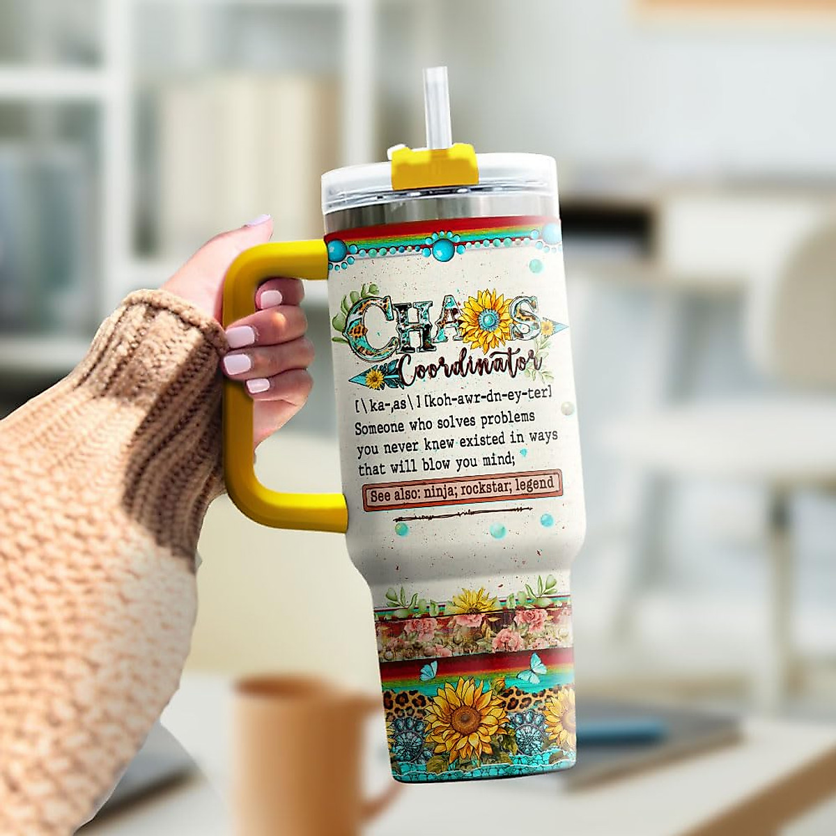 9GIFT4YOU Chaos Coordinator Leopard Sunflower, Tumbler 40 Oz With Handle Lid And Straw, Chaos Coordinator Gifts, Handle Tumblers Flower Butterfly Yellow Coffee Women For Floral Black