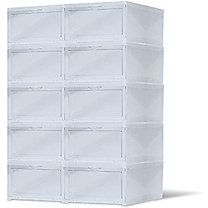 SneakNeat Sneaker Storage Container - 10 Pack, Durable Shoe Box Set with Drop Front Door - Store Up to Men's USA Size 13 - Free Standing Stackable Household Organizer - Stores, Protects, Displays Shoe Collection (Clear)