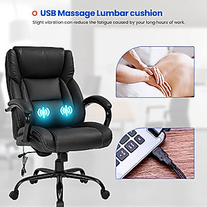 Office Chairs Big and Tall 500lbs Wide Seat for Heavy People Ergonomic Massage PU Leather Executive Chair Adjustable Rolling Swivel Computer Desk Chair with Lumbar Support Headrest Task Chair Black