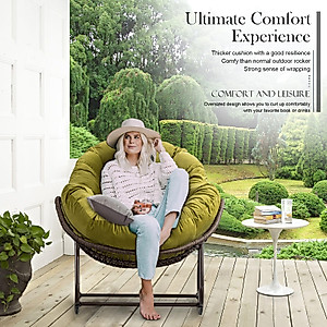 Outdoor Rocking Chair, Patio Oversized Rattan Egg Rocking Chair, Indoor Outside Padded Cushion Rocker Recliner Chair, Modern Lounge Chair for Front Porch, Garden, Backyard, Balcony, Deck, Olive Green