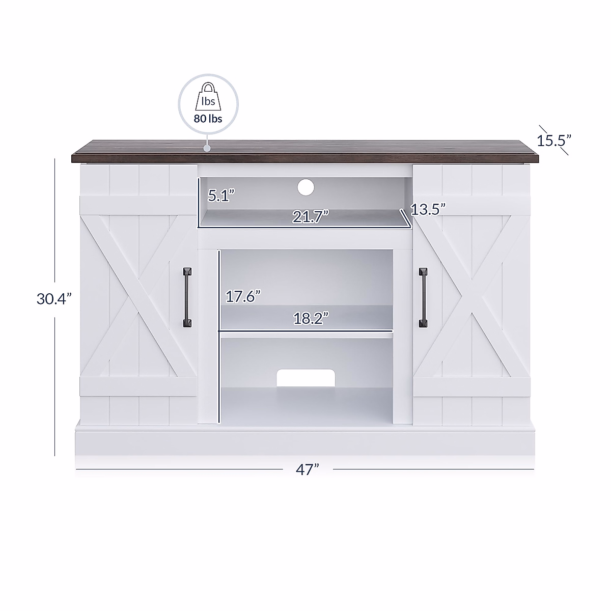 BELLEZE Industrial 47 Inch Rustic Wood TV Stand & Media Entertainment Center Console Table for TVs up to 50 Inch with Open Storage Shelves & Cabinets - Veropeso (White)
