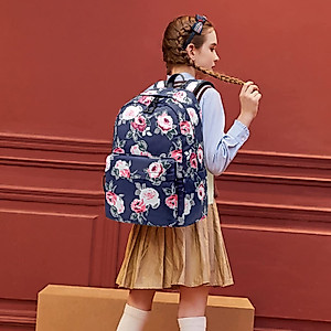 Joyfulife Backpack for Girls, Teen Backpacks Lightweight Kids Bookbags School Backpack with Lunch Box Pencil Case Travel Laptop Backpack Casual Daypacks Floral (Dark Blue)